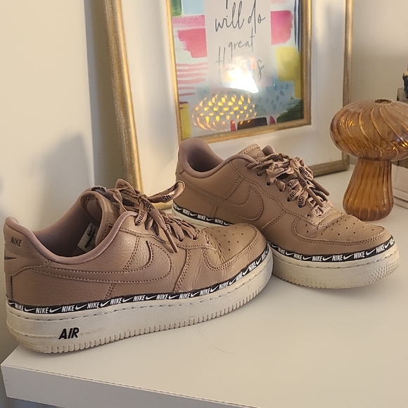 Nike | Shoes | Tan Nike Air Forces With Black And White Accents | Poshmark